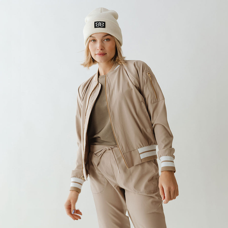 Women's Zip-Up Bomber Jacket in Neutral Cobblestone - Albion Fit