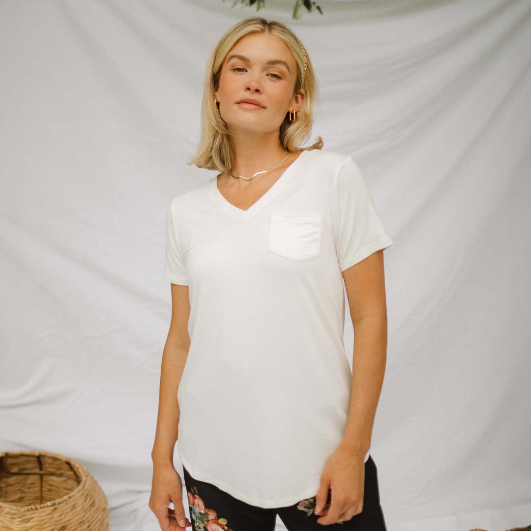 Basic V Neck Tee, Bamboo Ivory - Albion Fit