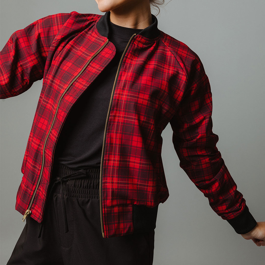 Women's Zip-Up Bomber Jacket in Festive Plaid - Albion Fit