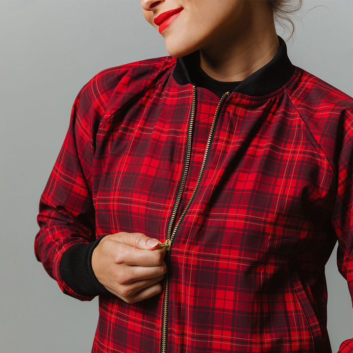 Women's Zip-Up Bomber Jacket in Festive Plaid - Albion Fit