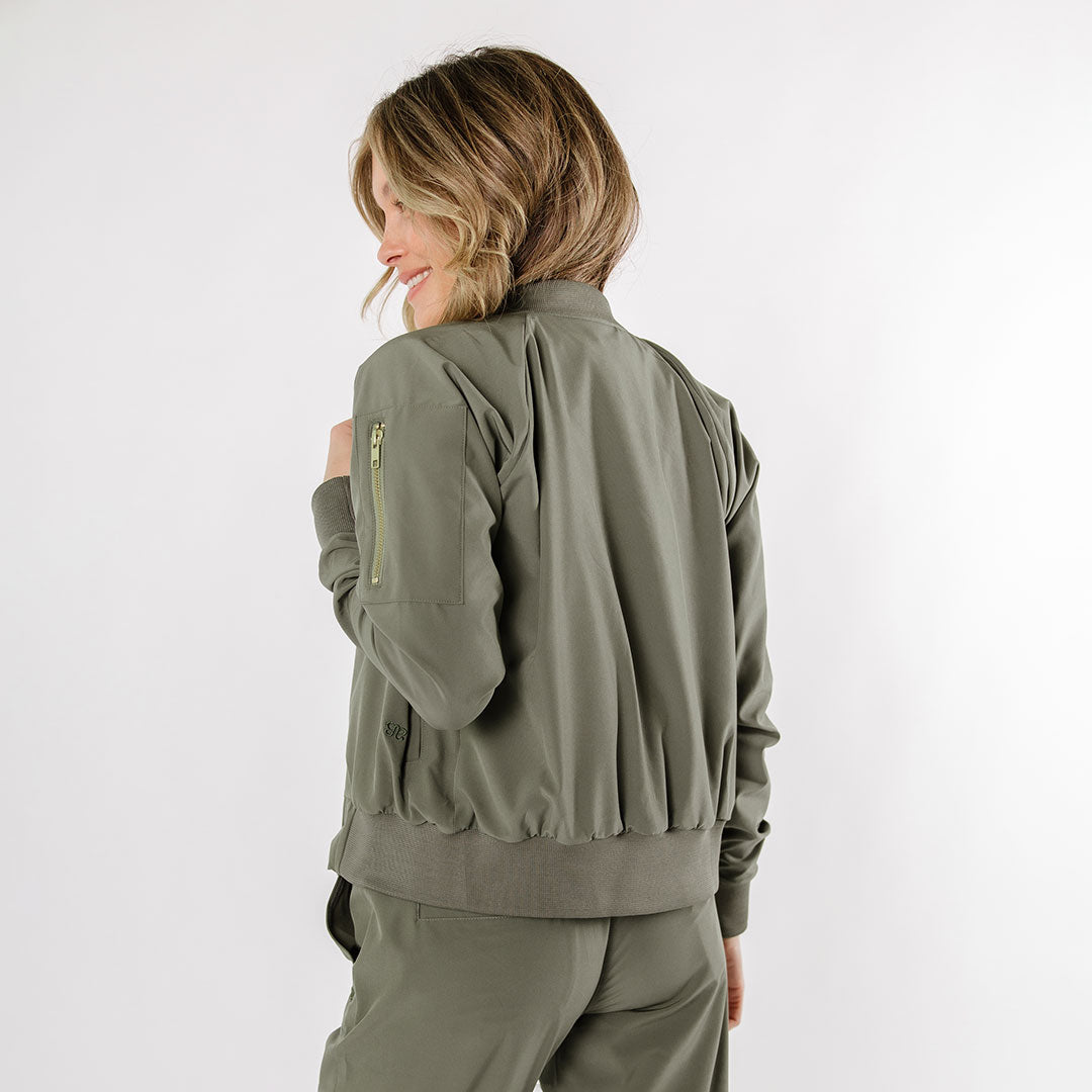 Women's Zip-Up Bomber Jacket in Olive - Albion Fit